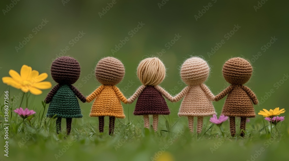 Five Crochet Dolls Holding Hands in a Field, Outdoor Photography ...