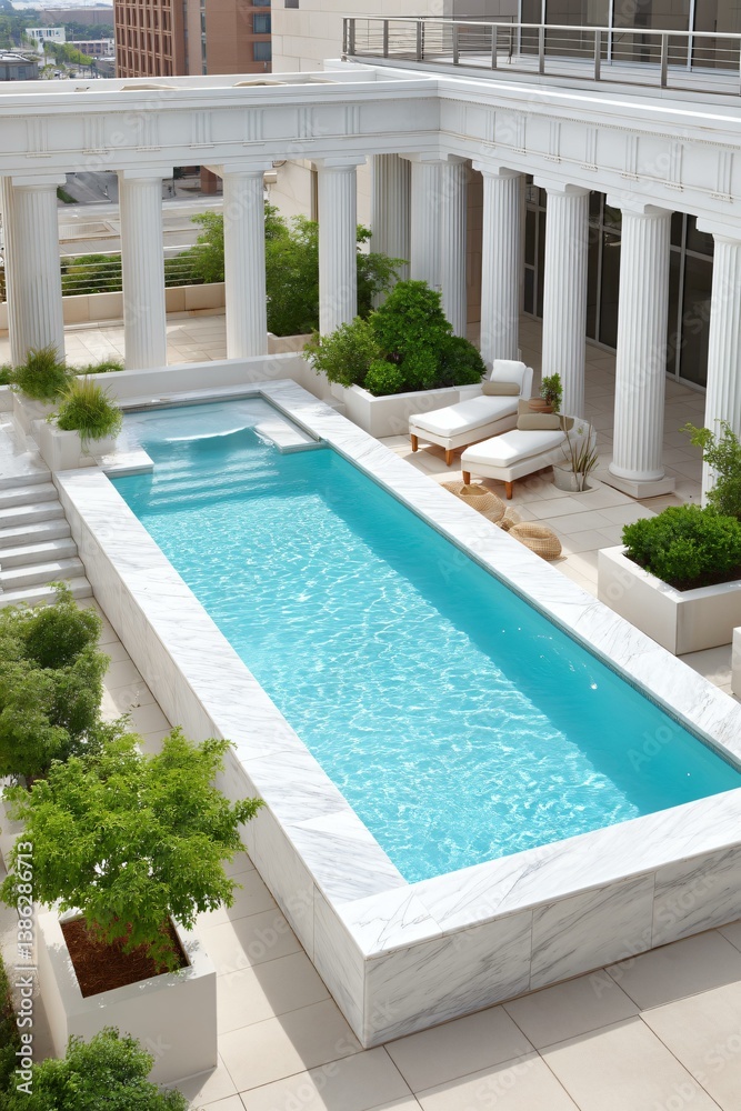 Neoclassical-inspired rooftop pool with detailed balustrade, white ...