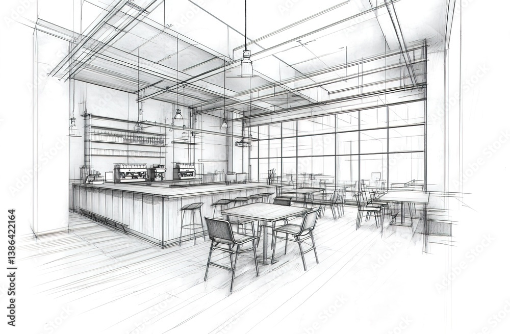 Modern cafe or restaurant interior design sketch, featuring a bar area ...
