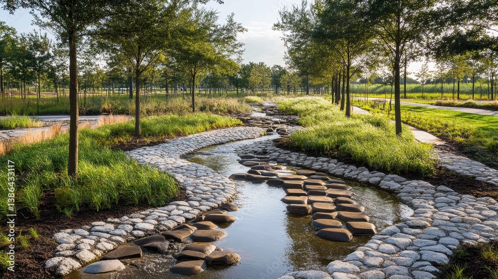 Flood control system with large stormwater channels and concrete ...