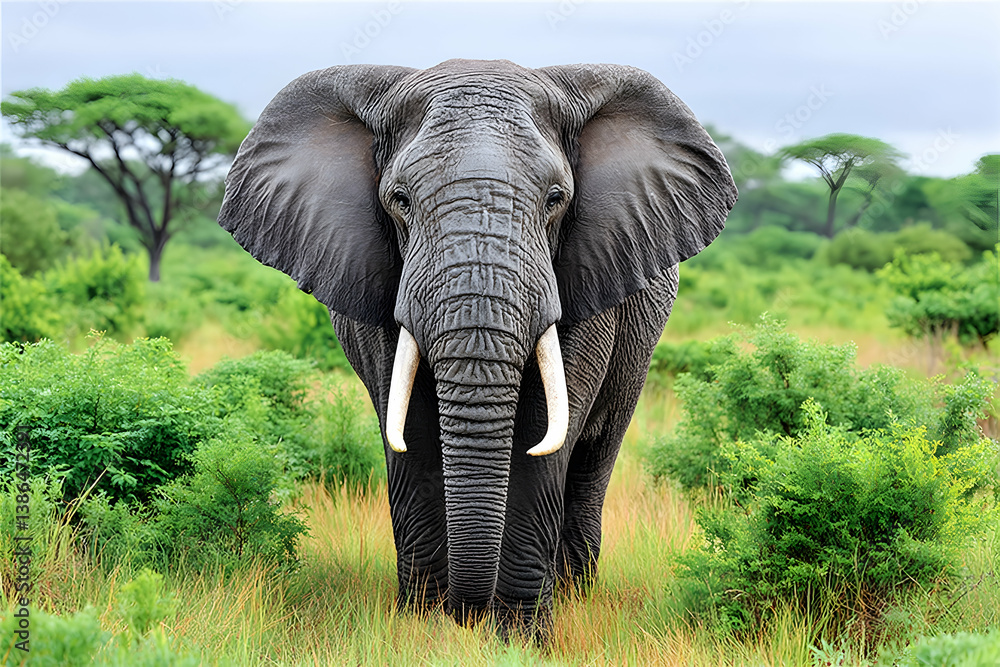 Majestic African elephant facing forward in a savanna landscape Stock ...