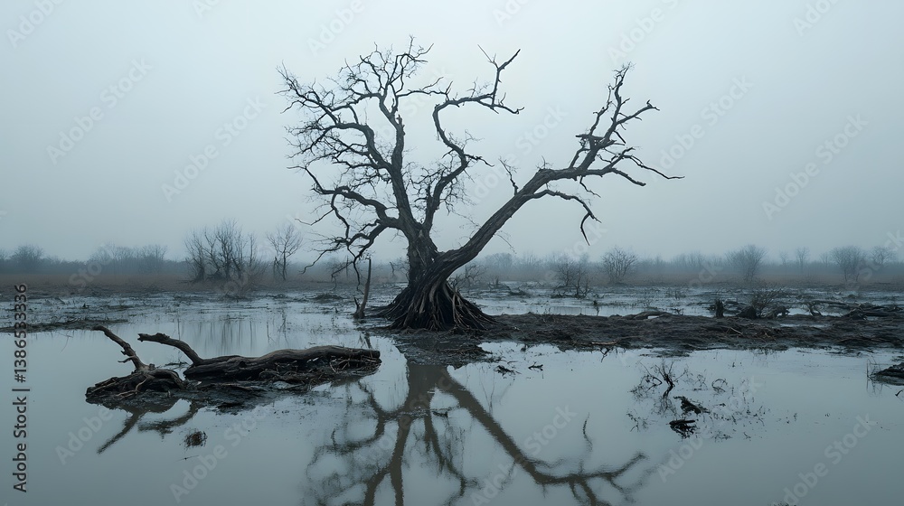 Environmental impact of hydroelectric flooding shown through dead trees ...