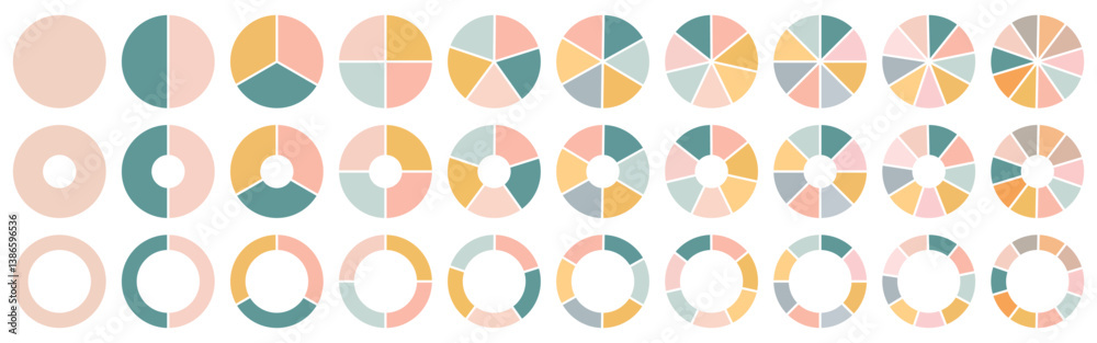 Pie chart color icons. Segment slice sign. Circle section graph. 1,2,3,4,5 segment infographic ...