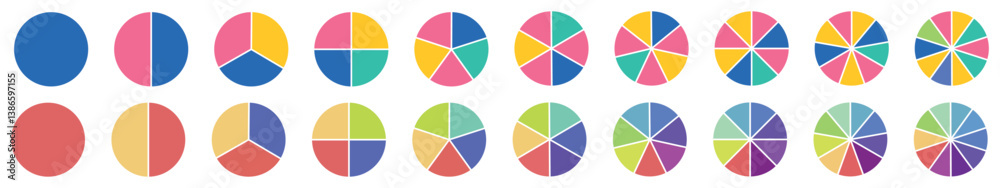 Pie chart set, segmented circle icons, circle diagram. Pie chart divided 1,2,3,4,5,6,7,8,9,10 ...