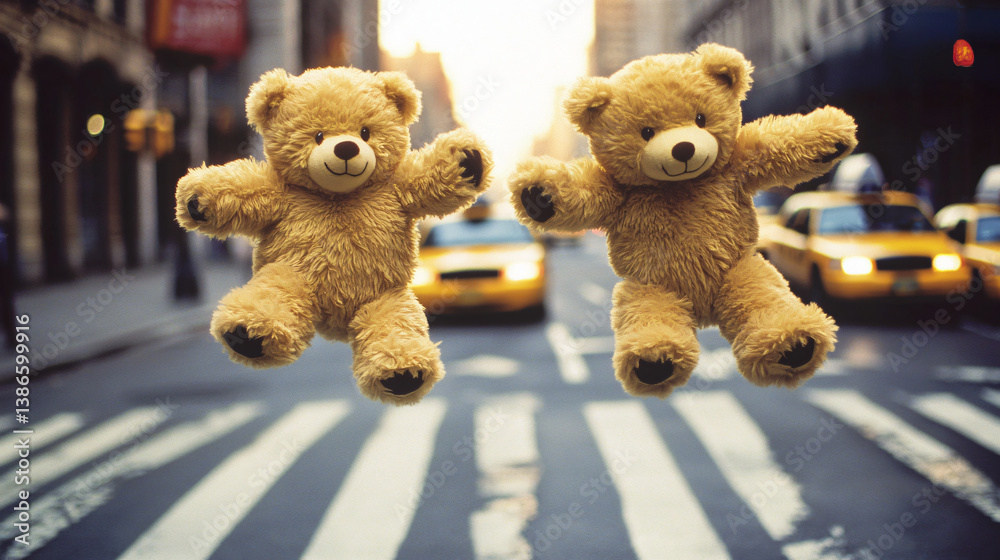 Playful Teddy Bear Crossing Streets in Urban City - Cute Plush Toy ...