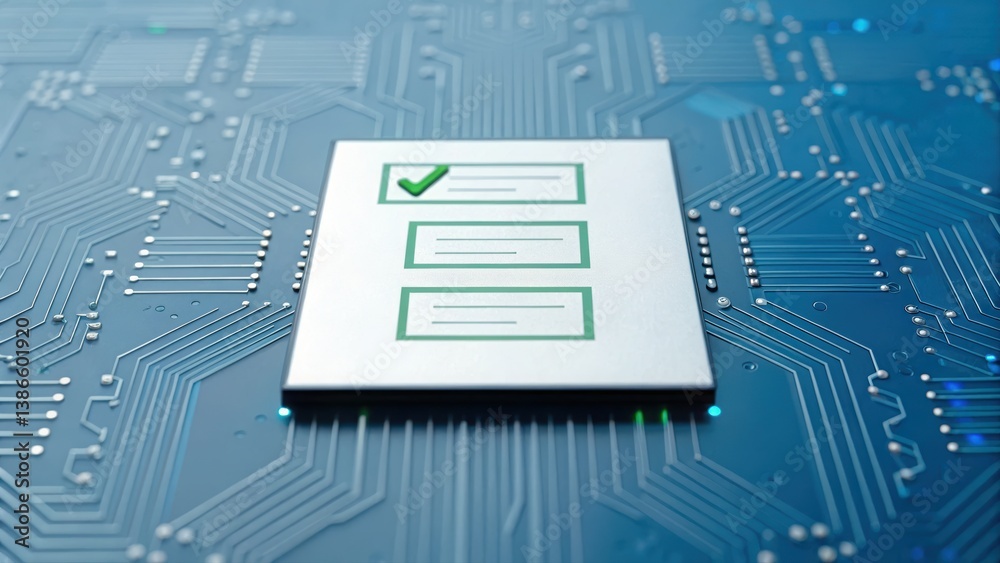 Computer chip with green arrow pointing up signifying consent form approval and progress Stock ...