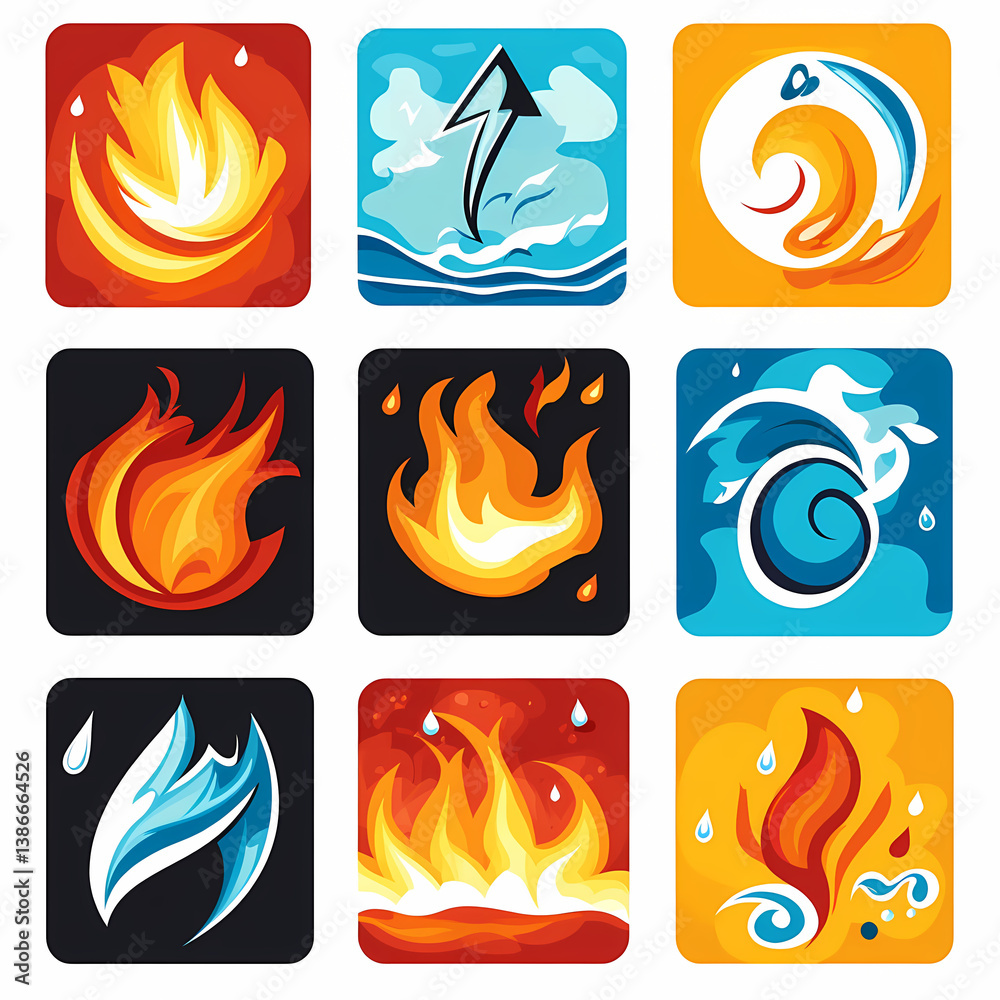 Elemental Harmony: Nine stylized icons represent the four fundamental ...