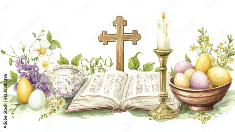 Religious clipart, illustration of a Bible, cross, bowl, candle and ...