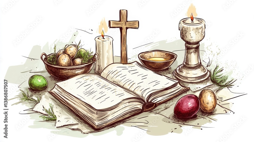 Religious clipart, illustration of a Bible, cross, bowl, candle and ...