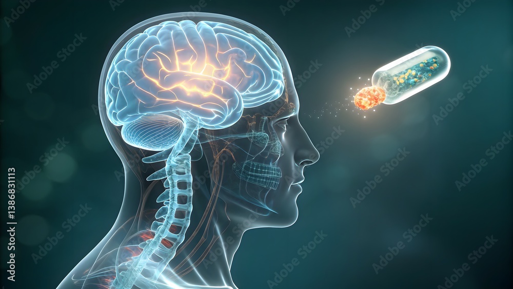3D-rendered glowing nerve system inside a semi-transparent human body ...