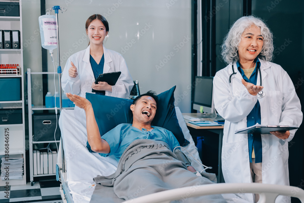 Nurse giving assistance to senior patient with disease in bed. Medical ...