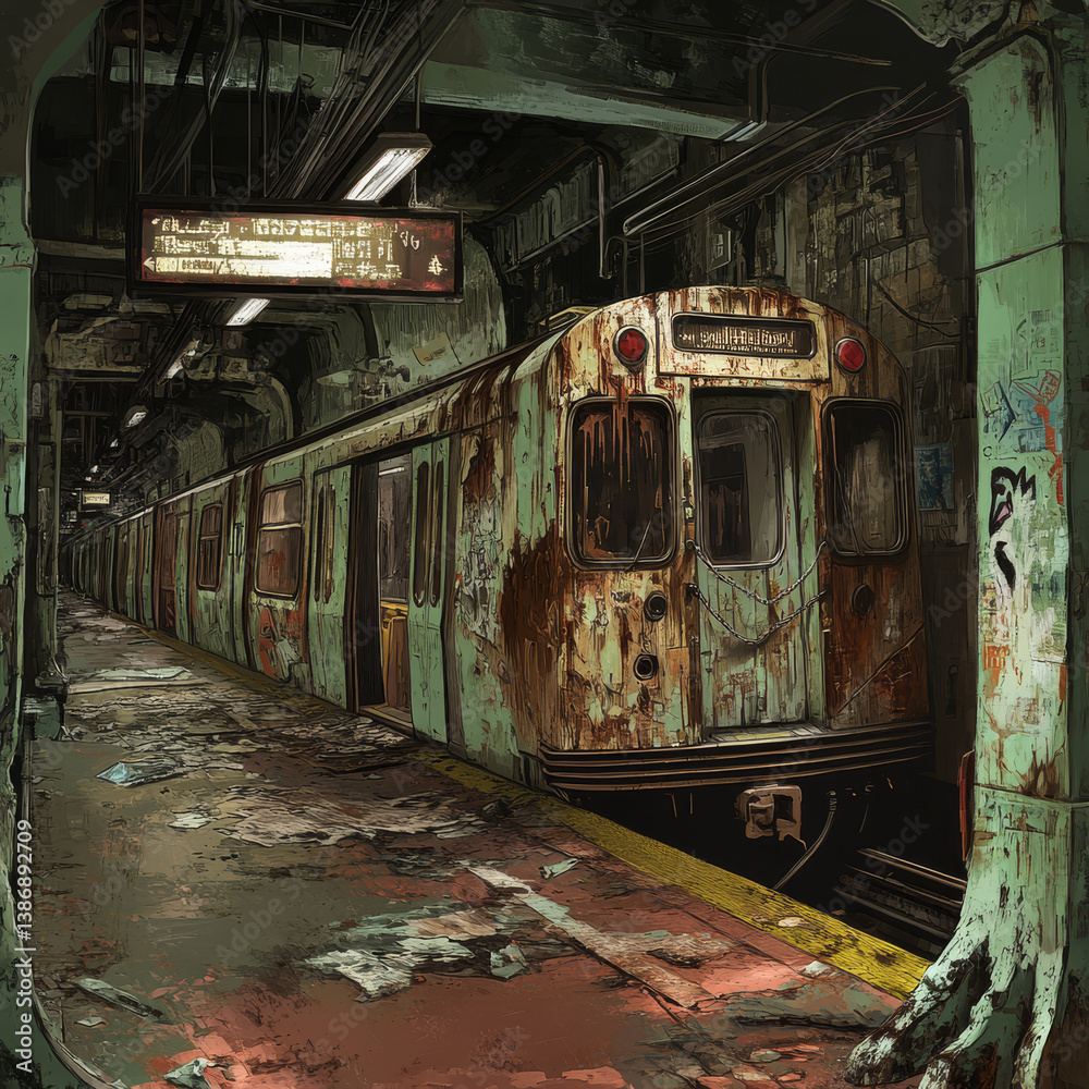 Abandoned subway station platform with broken train and equipment ...