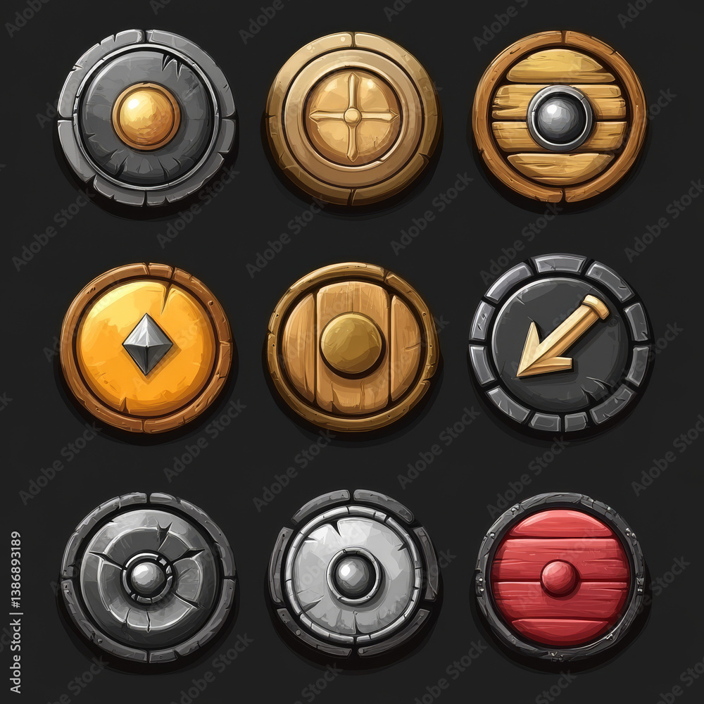 Stone rock ui game interface button cartoon vector. Circle, arrow, loading bar, plate and ...