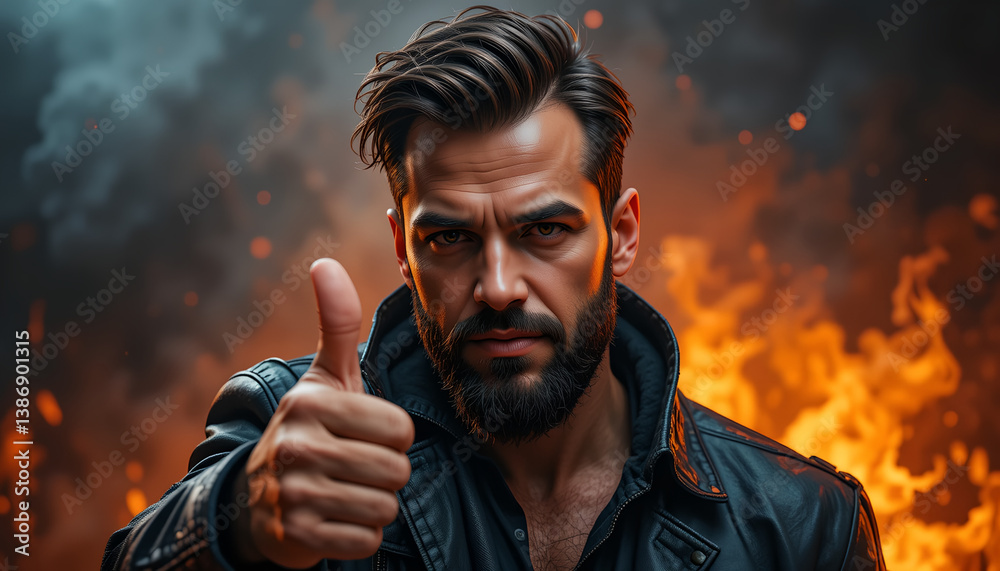Confident man gives thumbs up against fiery backdrop, exuding power and ...