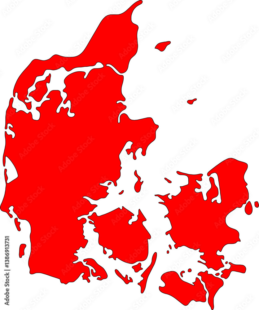 Denmark map with red color and black outline illustration vector with transparent. Red ...
