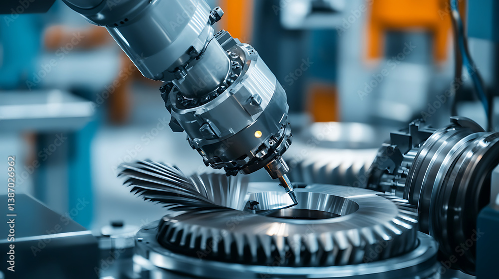 Mechanical arm assembling turbine blades in an aerospace manufacturing ...