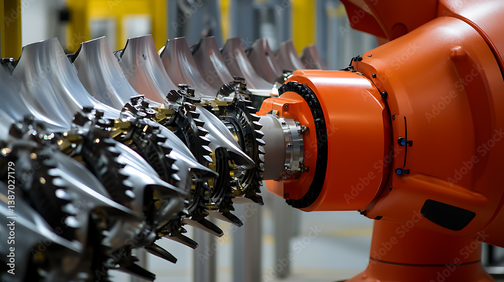 Mechanical arm assembling turbine blades in an aerospace manufacturing ...
