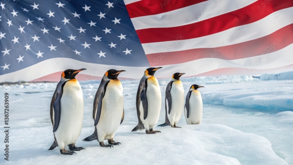 Penguins Tariffs USA 2025 Five penguins stand on ice with an American ...