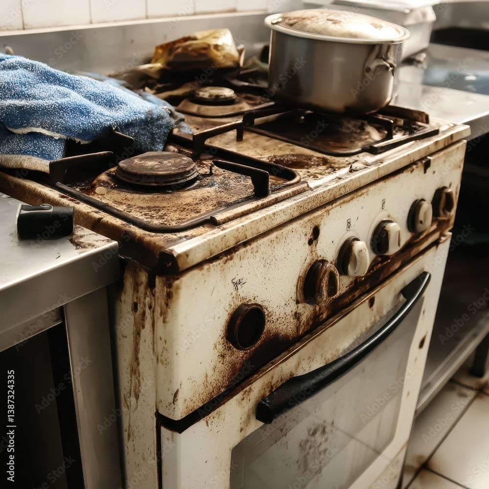 Greasy stove concept. A dirty and worn gas stove with a pot and a ...