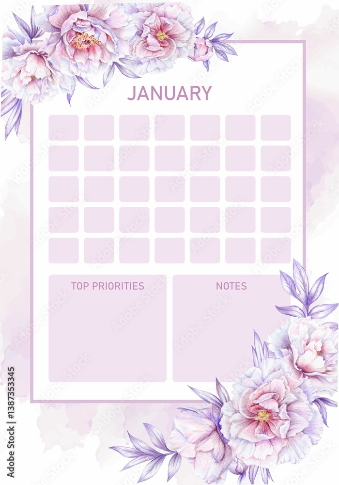 Monthly planner January, with calendar grid, notes and priorities on ...