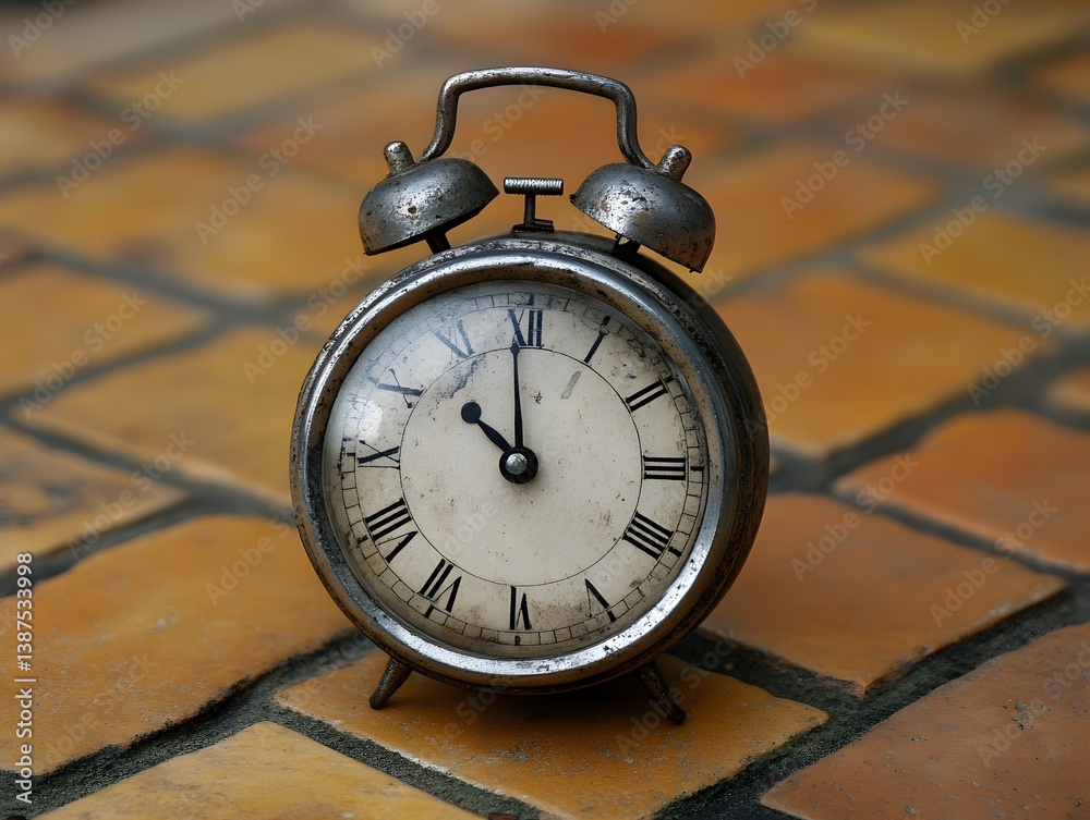 A vintage alarm clock with Roman numerals rests on a worn terracotta ...