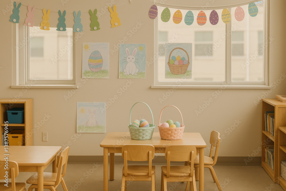 Salle de classe décorée pour Pâques avec affiches d’enfants, guirlandes ...