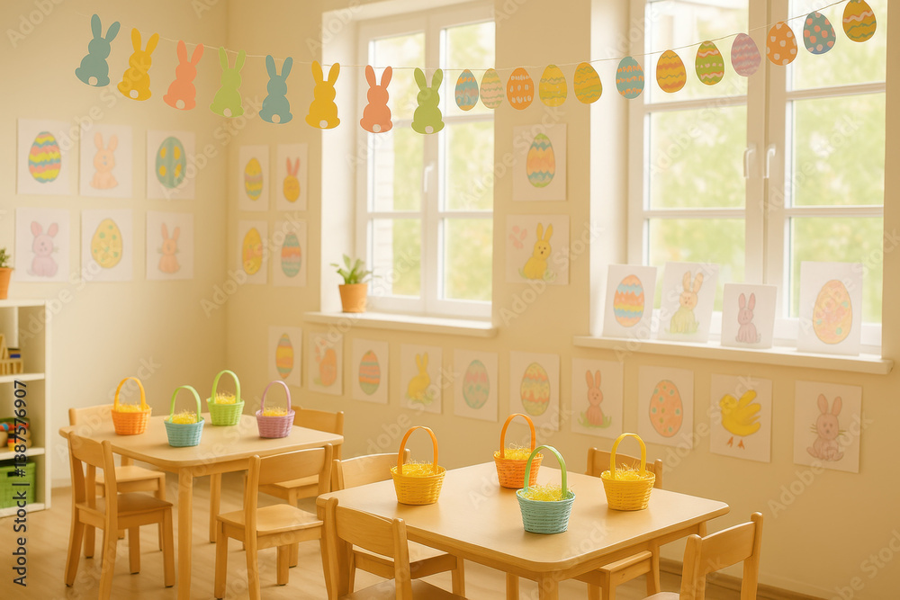 Salle de classe lumineuse décorée pour Pâques avec guirlande de lapins ...