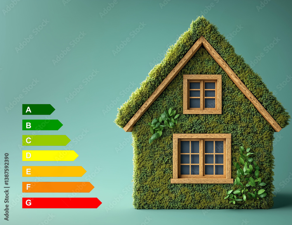 Eco-friendly house covered with green foliage and energy efficiency ...