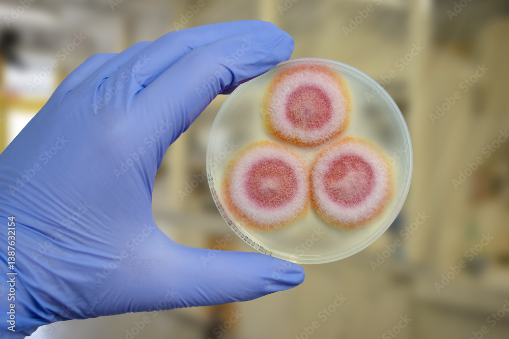 Fusarium fungi colonies on potato dextrose agar, photograph showing ...