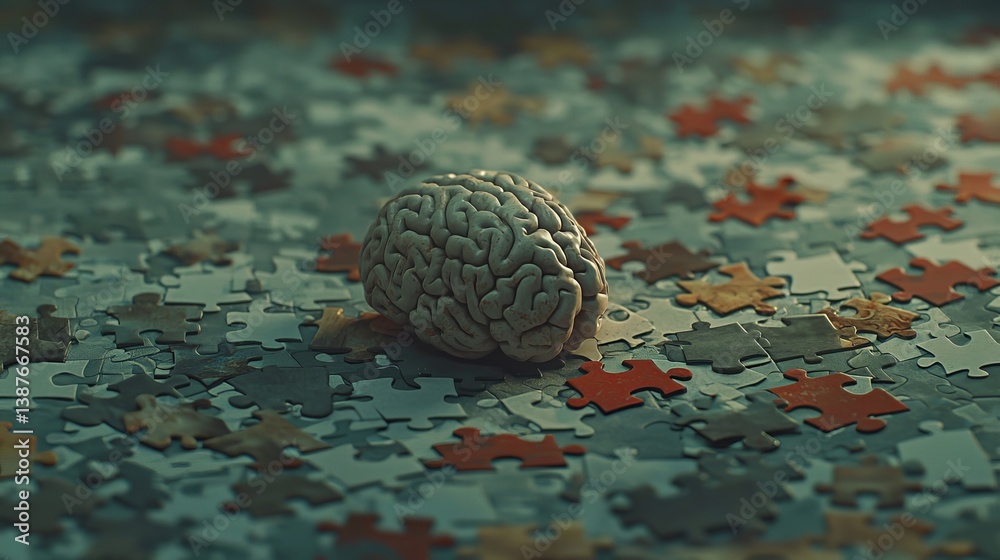 The image depicts a three-dimensional puzzle of a human brain with gaps ...