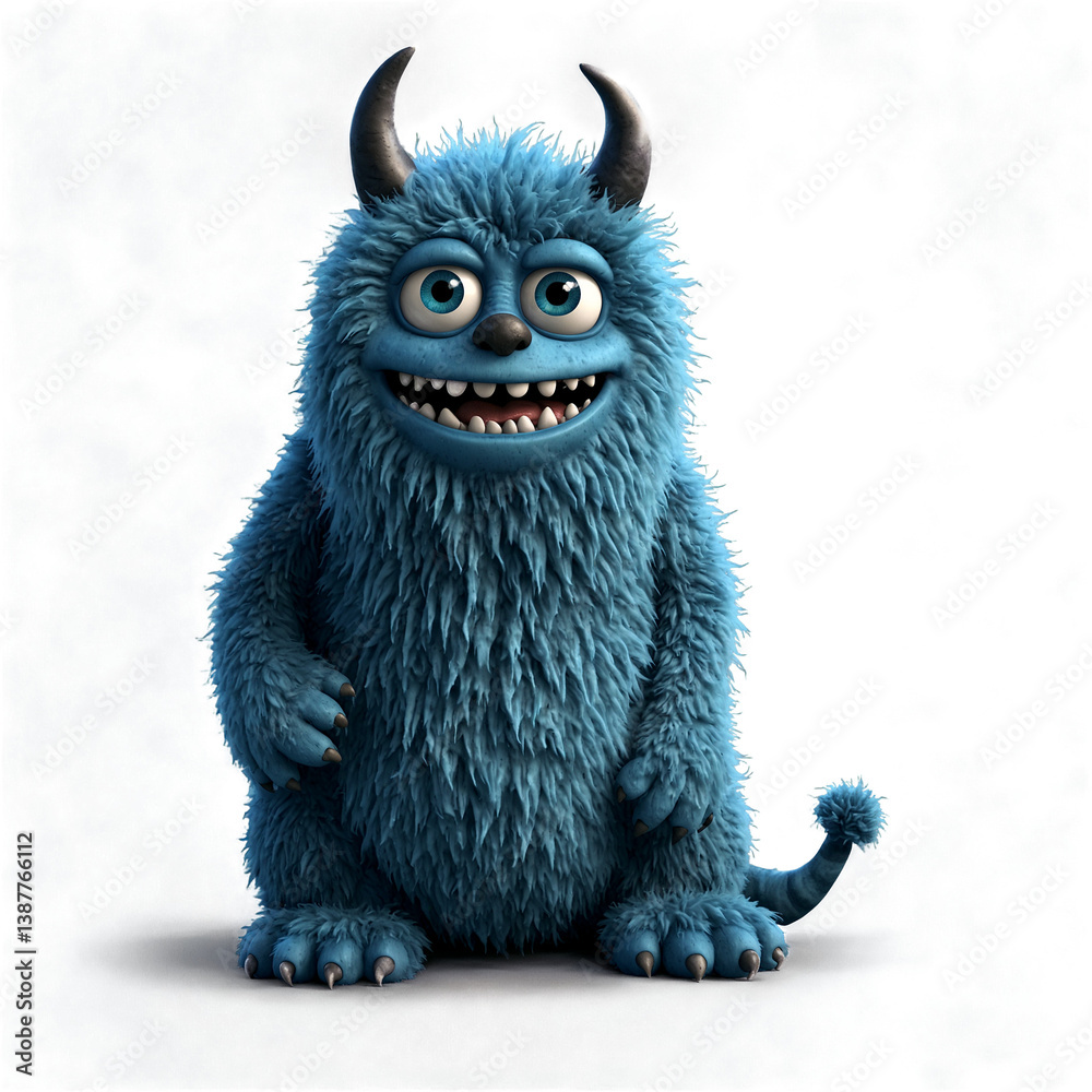 moody fluffy blue monster cute 3d art illustration in transparent ...