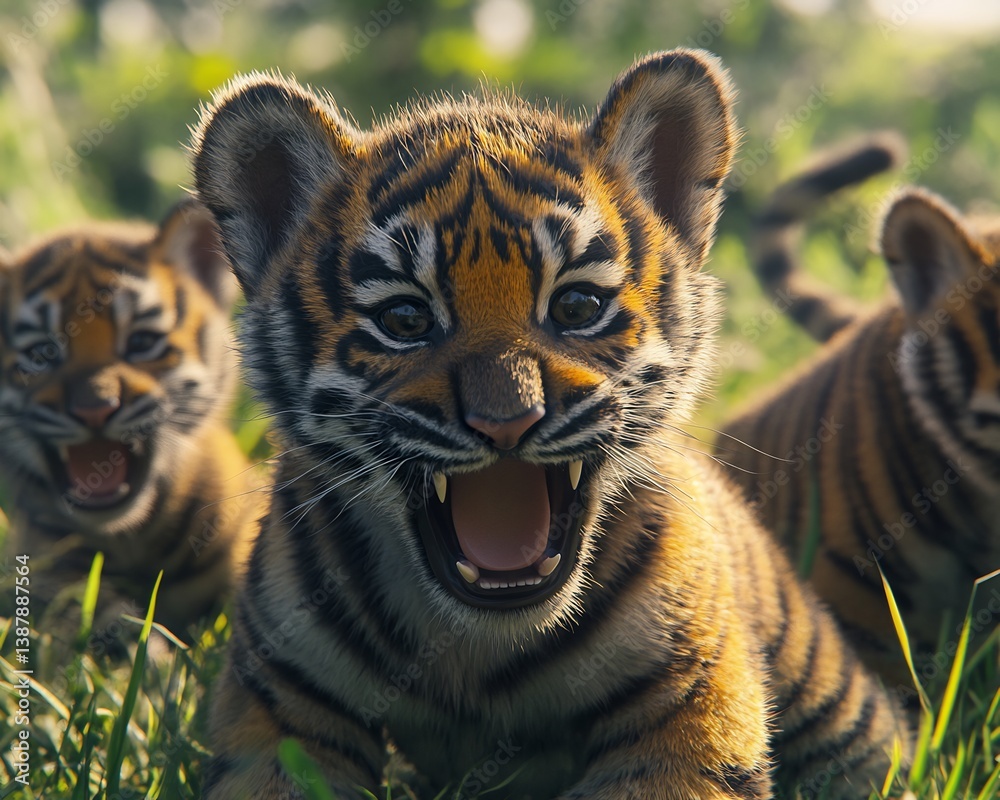 Photorealistic image of a tiger cub playing with its siblings cinematic ...