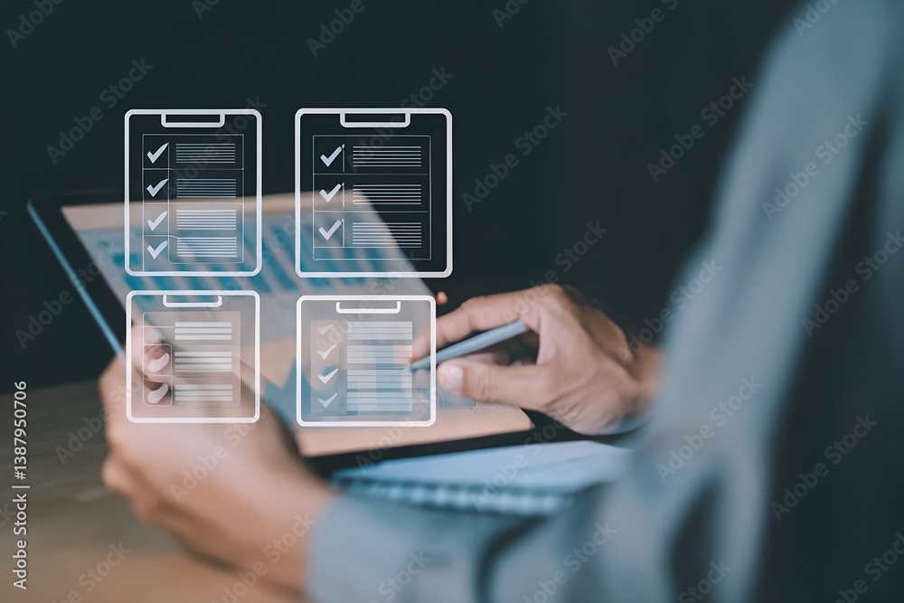 Businessman using digital screen to analyze key performance indicators ...