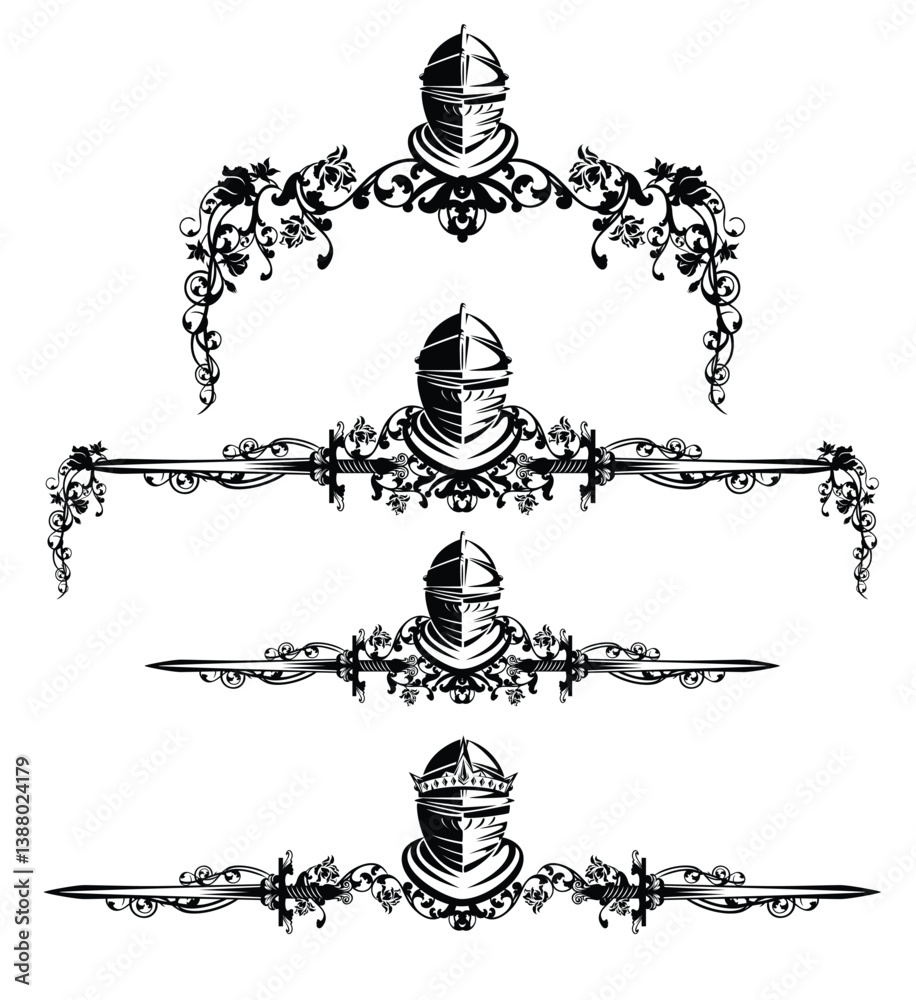 fairy tale medieval royal knight helmet, sword and rose flowers black ...