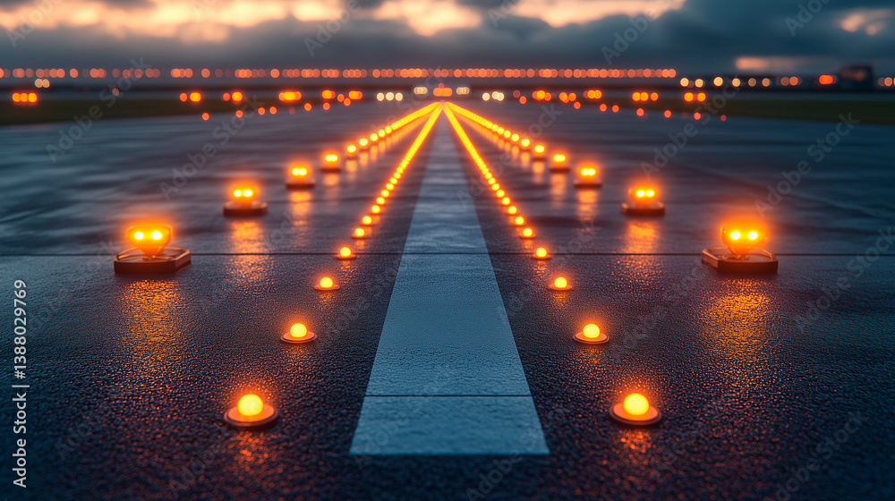 Runway lights and airport ground markings with visible taxi lines and ...