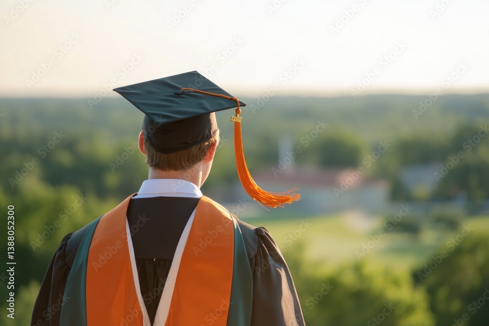 college graduate in cap and gown stands with back to camera showcasing ...
