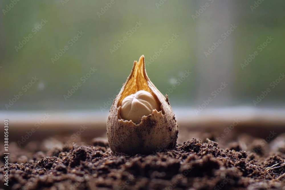 seed cracking open on damp soil revealing early stages of sprout under ...
