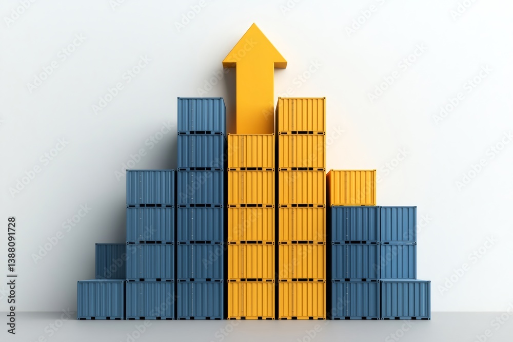 Shipping containers stacked as a growing bar chart with upward arrow ...