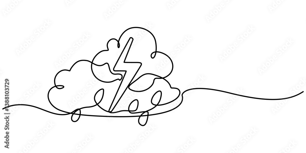 Continuous one line drawing of thundercloud and lightning symbol ...