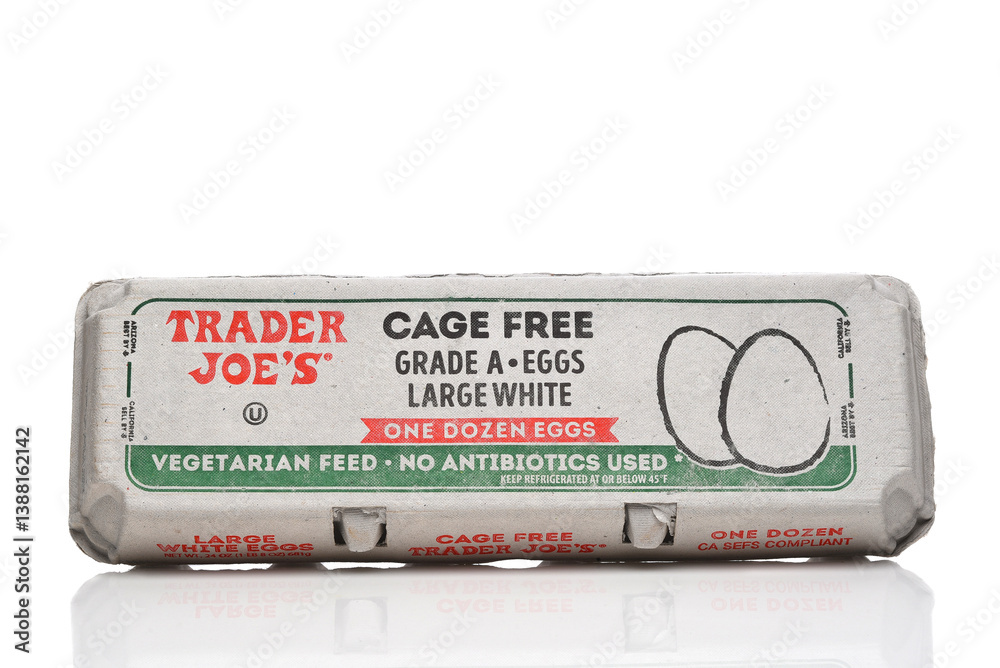 IRVINE, CALIFORNIA - 6 APR 2025: A one dozen carton of Trader Joes Cage ...