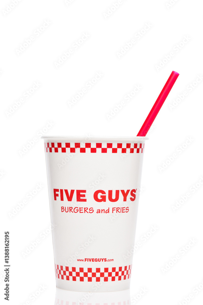 IRVINE, CALIFORNIA - 6 APR 2025: A disposable drink cup from Five Guys ...