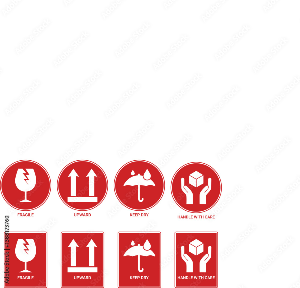 Fragile package icons set, handle with care logistics and delivery shipping labels. Fragile box ...