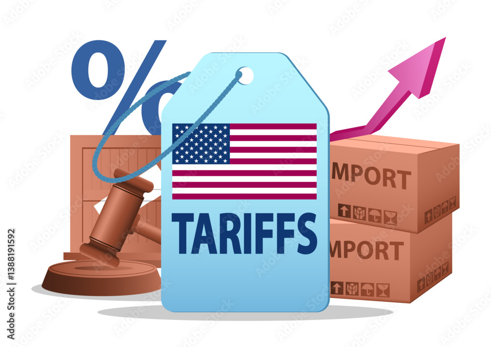 U.S. tariffs with a price tag showing the American flag, surrounded by ...