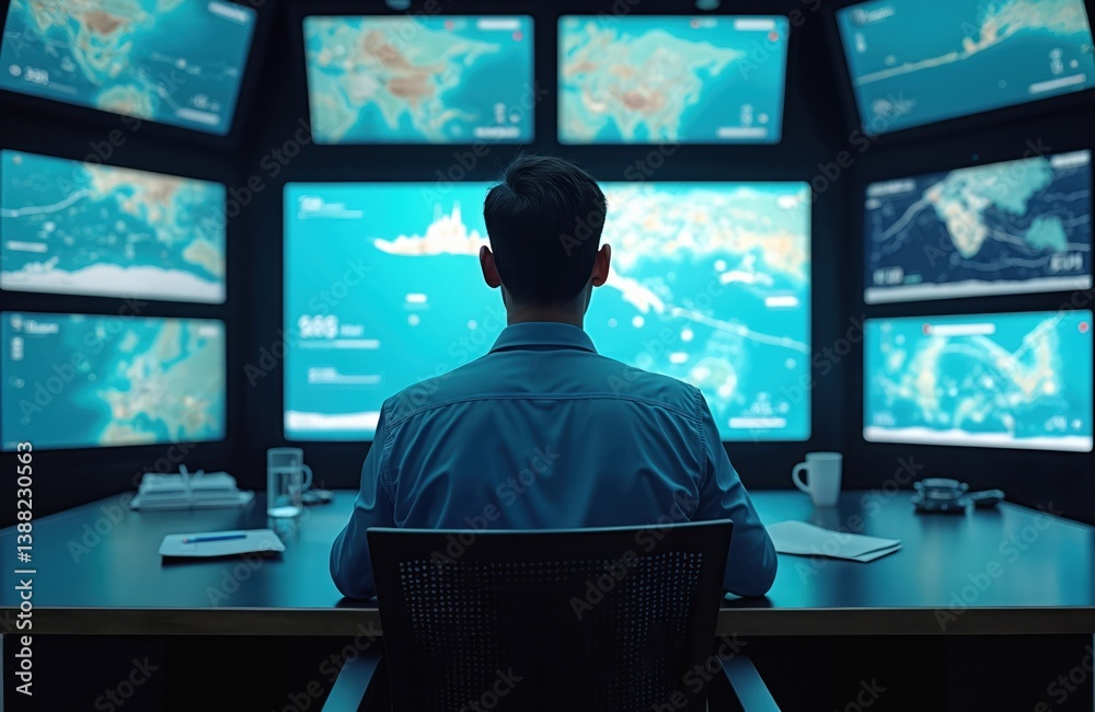 Maritime navigation control room with multiple monitors. Displays ship ...