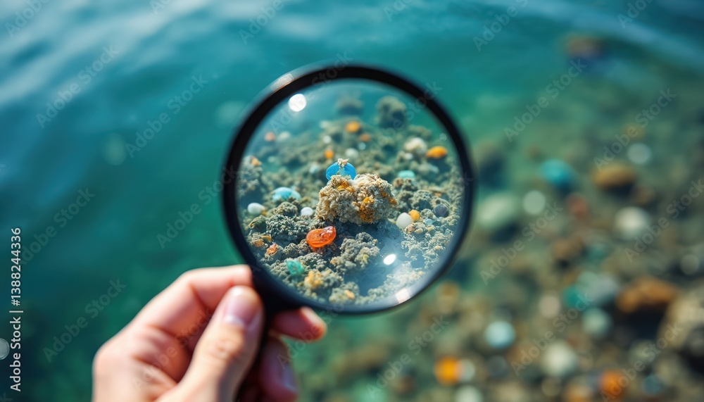 Hand holds magnifying glass over microplastics in ocean. Close-up macro ...