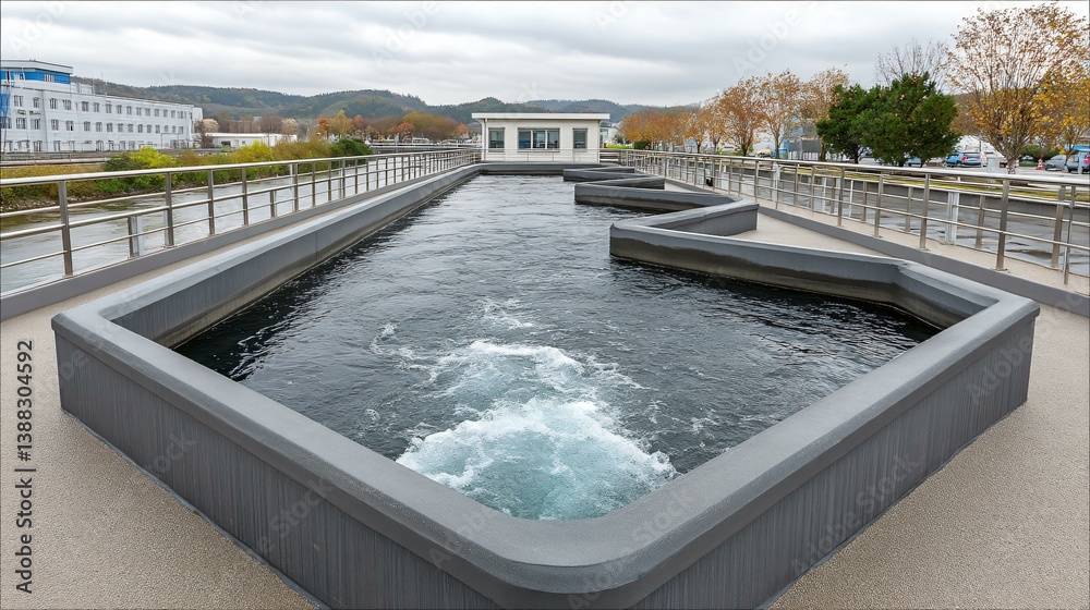 Aeration tank with bubbling surface water, biological treatment process ...