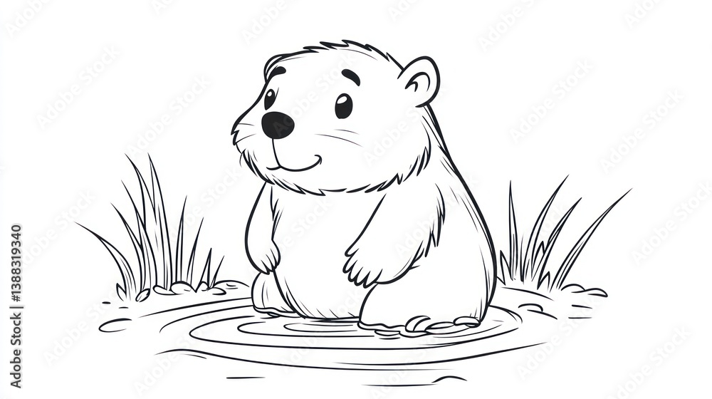 Cute cartoon gopher in shallow water, kids coloring page, playful ...