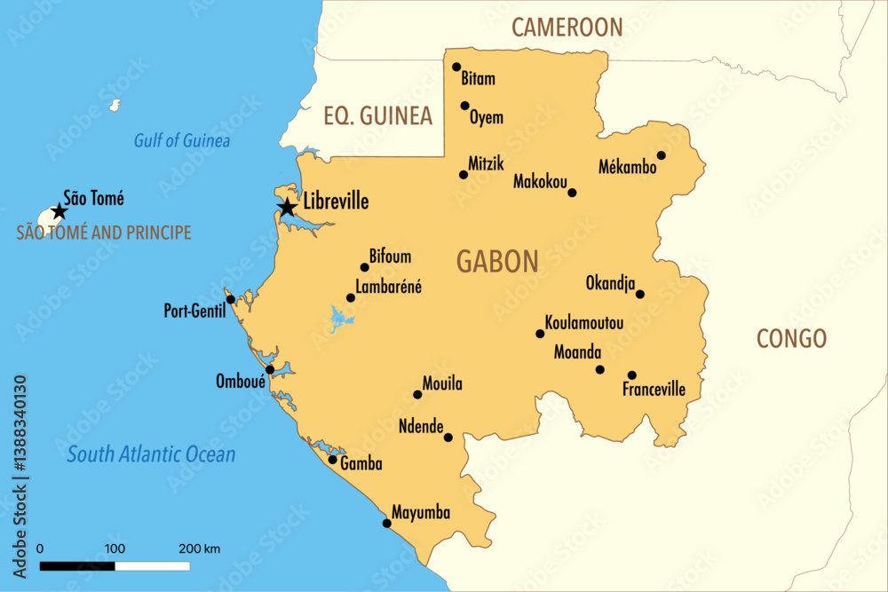 Vector Map of Gabon with Major Cities and Neighboring Countries ...