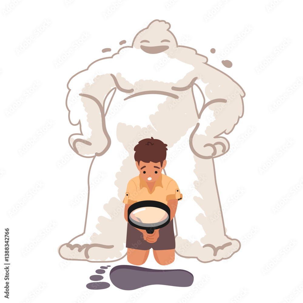 Curious boy-scout cartoon character holding huge magnifying glass ...