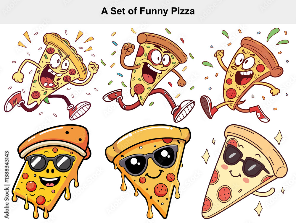 Happy cartoon pizza bundle – fun vector illustrations of cheese-loaded ...